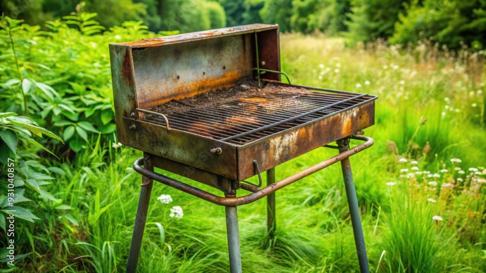 Dirty and rusted barbecue grill next to overgrown grass , barbecue ...