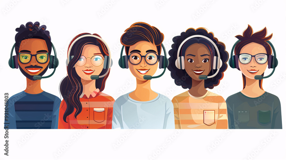 Diverse avatars of call center agents with wireless headsets, designed ...