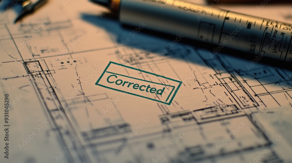 Corrected Blueprint with Green Stamp - Detailed Close-Up of ...