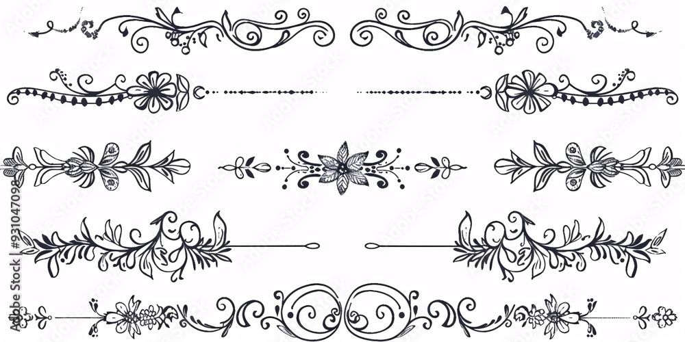 ภาพประกอบสต็อก Hand-drawn collection of wedding dividers with vintage ...