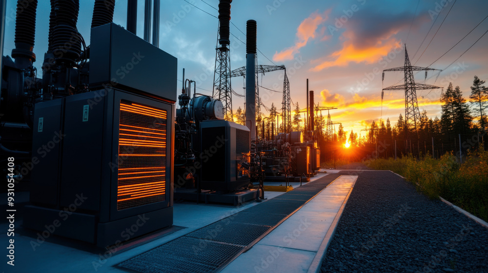 Industrial power station with transformers and power lines at sunset ...