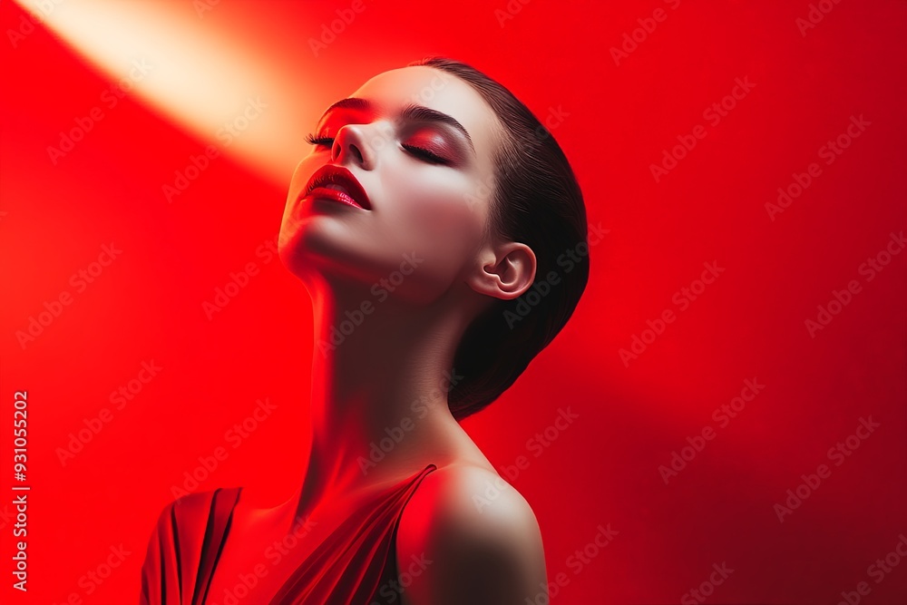 Portrait of a confident woman with a white face, dressed in red with ...