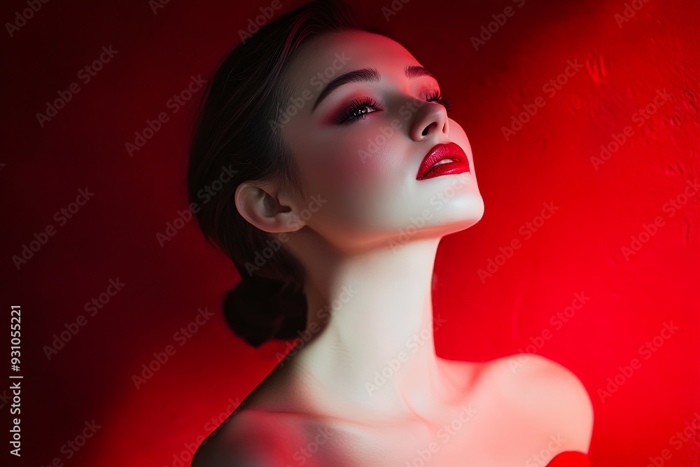 Portrait of a confident woman with a white face, dressed in red with ...