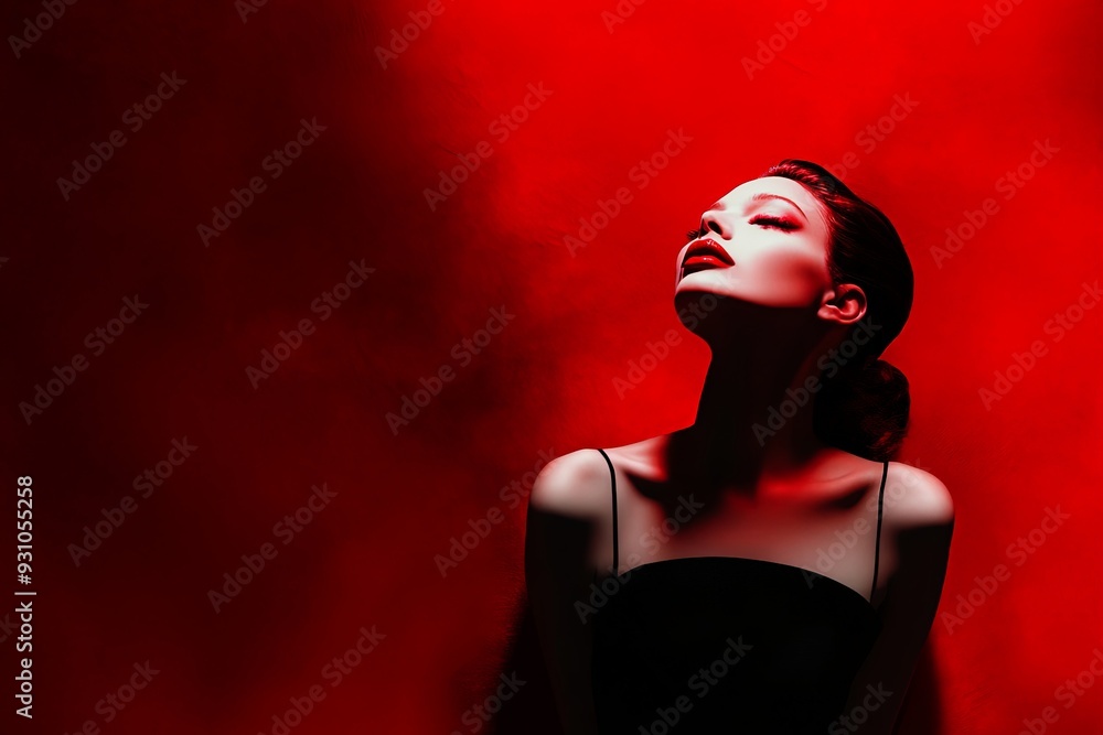 Portrait of a confident woman with a white face, dressed in red with ...