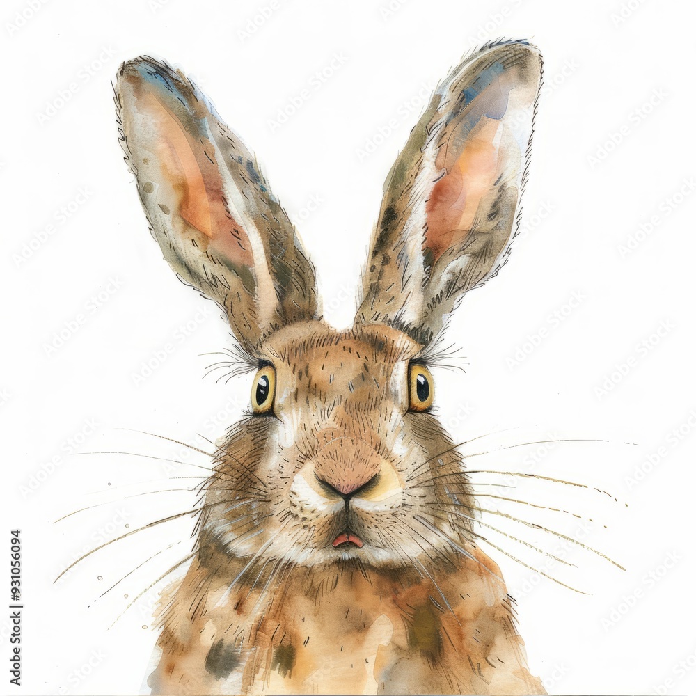 Watercolor painting of a surprised bunny with its ears standing ...