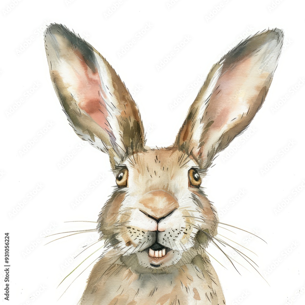 Watercolor painting of a surprised bunny with its ears standing ...