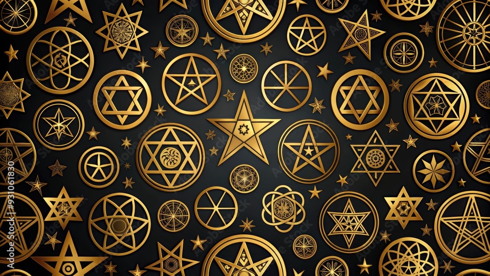 Wiccan symbols and sigils background in golden on black , witchcraft ...