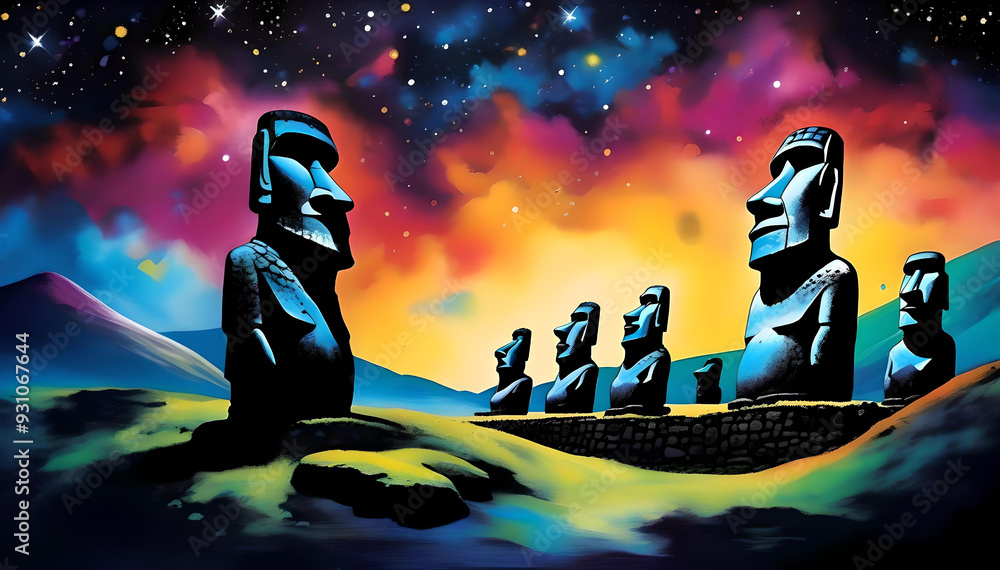 acrylic ink painting featuring ink blots of a few Moai statues on ...