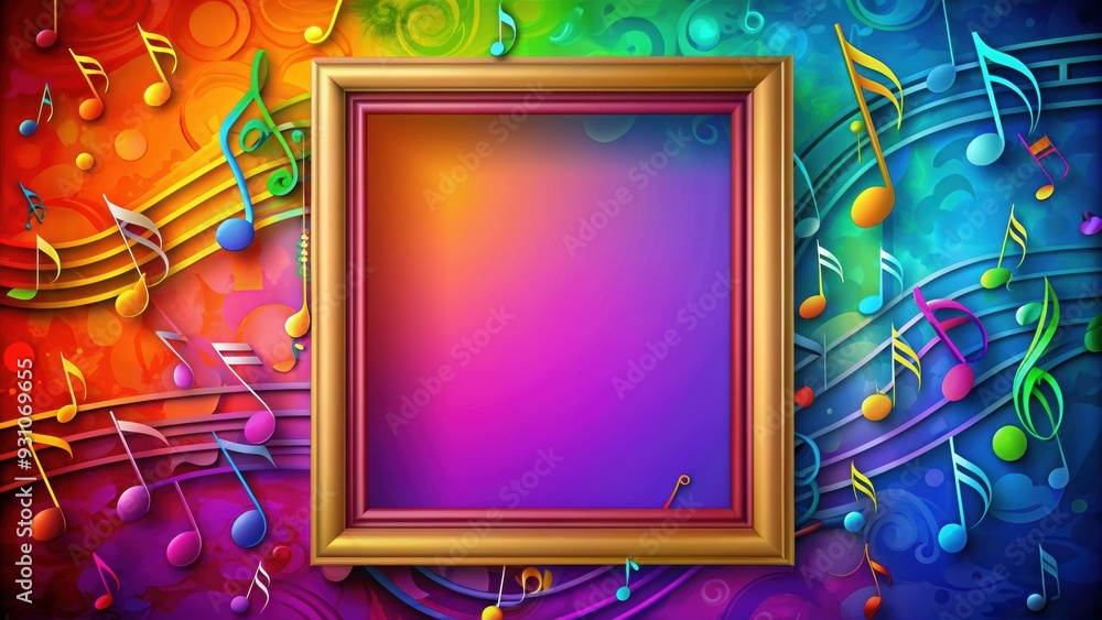 Colorful of music notes on a vibrant background with a decorative frame ...