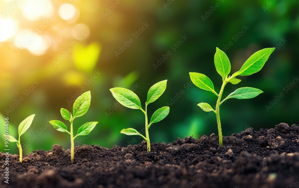 Four stages of plant growth emerging from rich soil, symbolizing nature ...