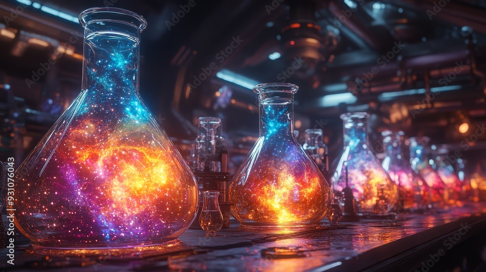 Frontal view of a vibrant cosmic lab fantastical c 224 glass, drink ...