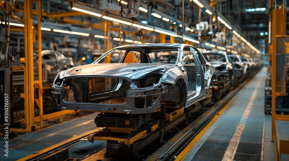 Assembly line in an automotive factory, with car bodies moving through ...