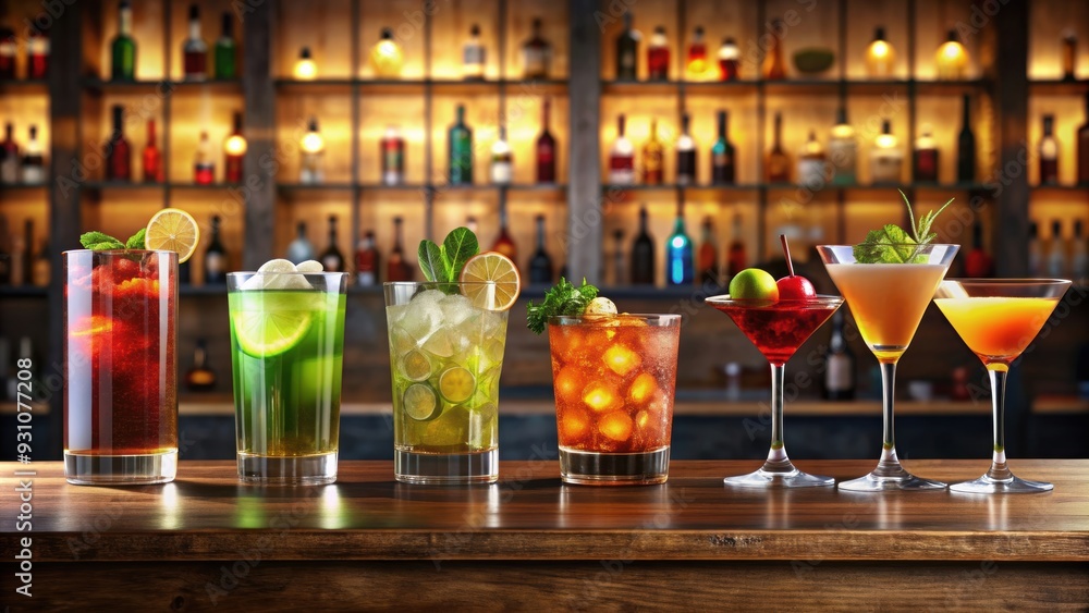 Cocktails displayed on a bar counter in a realistic rendering, bar ...