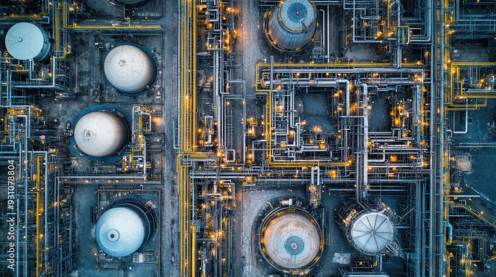 Aerial view of a sprawling oil refinery with complex networks of pipes ...