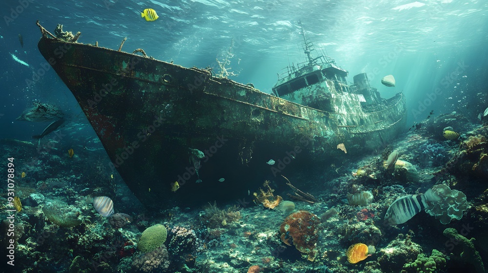 66. An underwater scene with toxic waste leaking from an old shipwreck ...