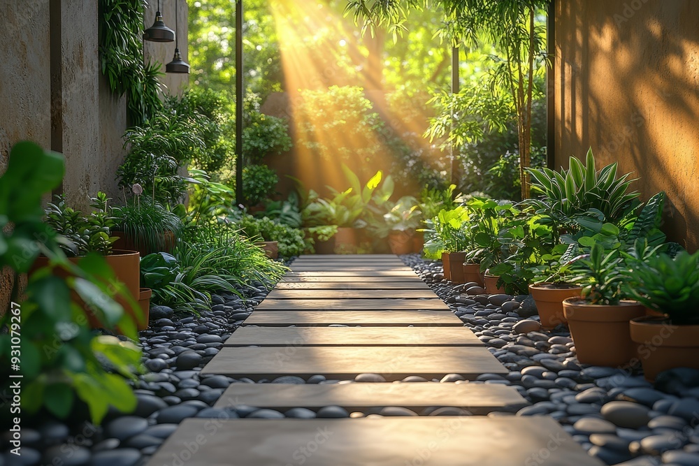 Sideview of a peaceful garden with potted plants a 018 forest, path ...