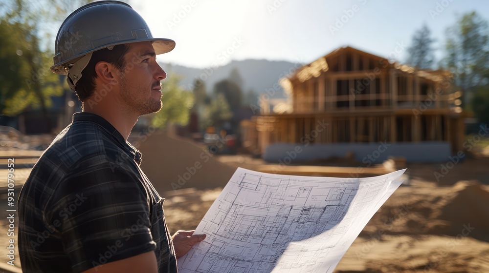 Architect reviewing blueprints at a construction site, with a half ...