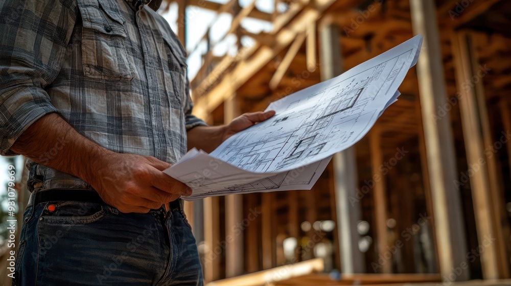 Architect reviewing blueprints at a construction site, with a half ...