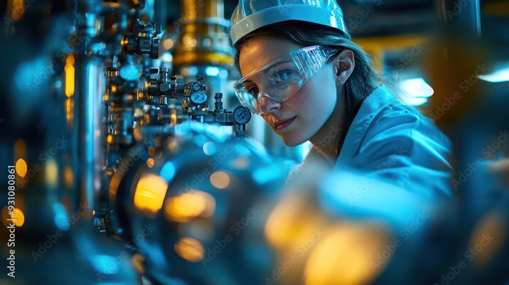Chemical engineer adjusting valves on a reactor vessel, focusing on ...