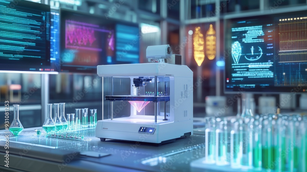High-tech lab with a 3D printer in focus, surrounded by beakers, test ...