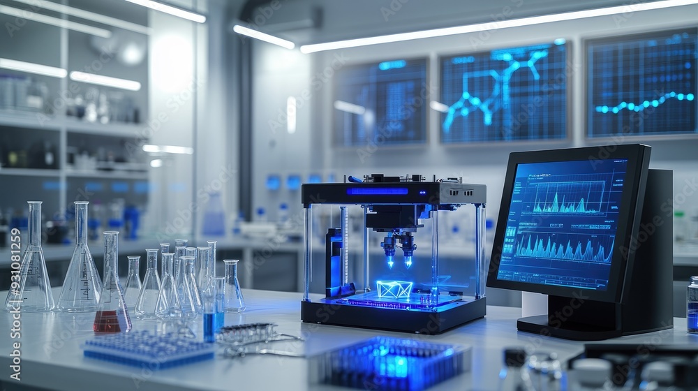 High-tech lab with a 3D printer in focus, surrounded by beakers, test ...