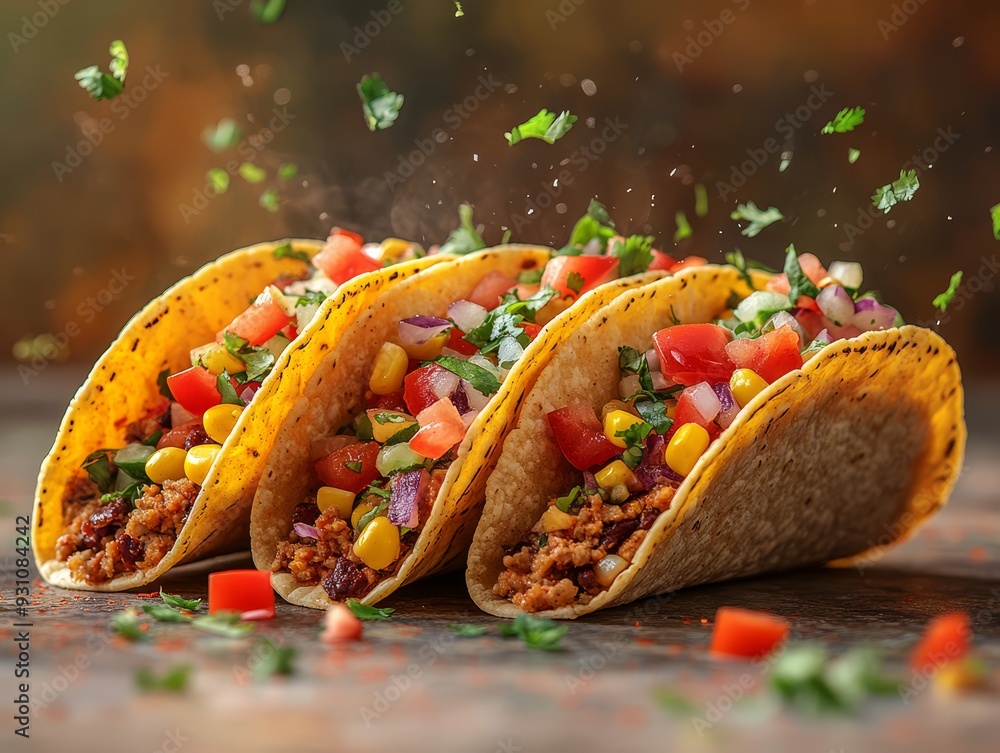 Crunchy taco shells filled with toppings falling i 139 food, meat ...