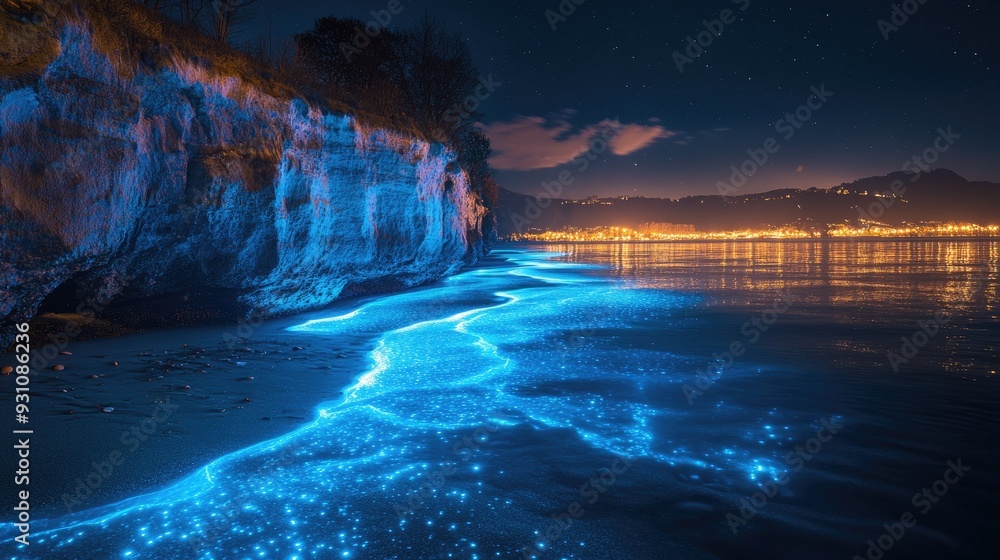 The soft glow of bioluminescent algae in calm nighttime waters ...