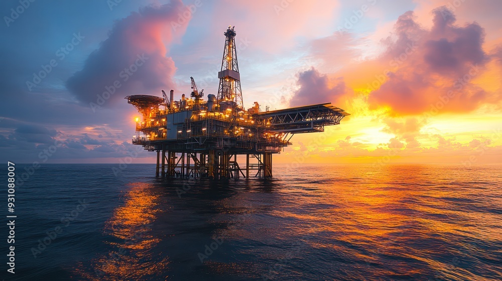 Oil rig in the ocean at dawn, with lights reflecting on the water ...