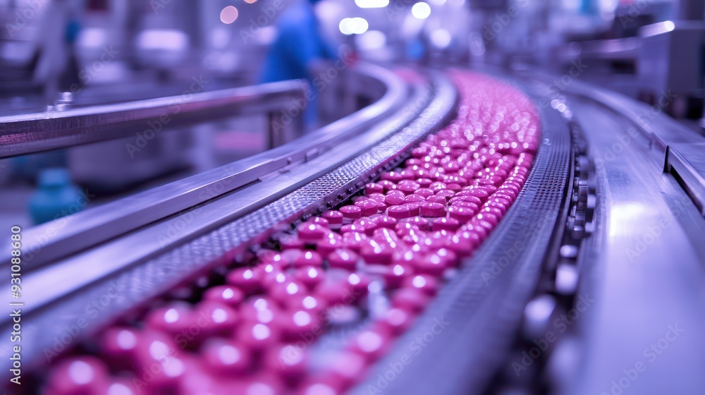 Pill manufacturing process on an assembly line, showcasing the mass ...