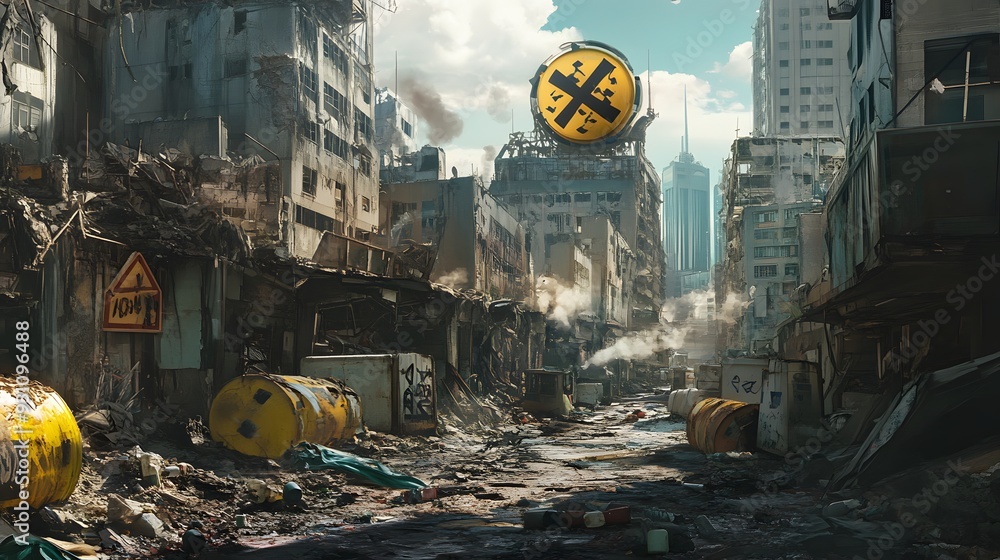 48. A dystopian scene of a city with toxic waste containers and ...