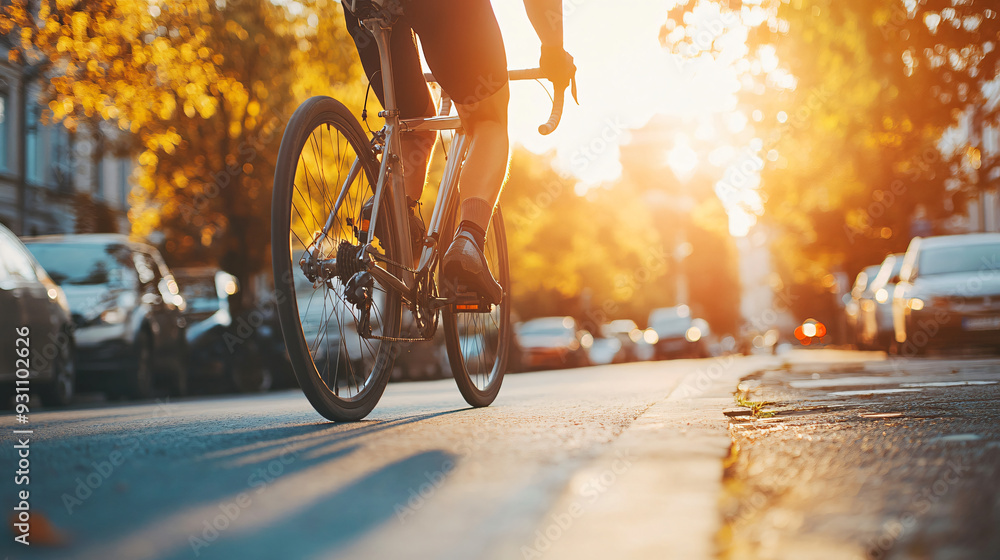 Early morning bike ride on a city street, Monday morning, active and ...