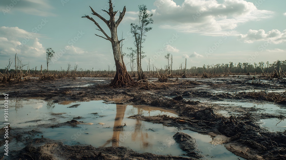 30. A toxic sludge-covered landscape with dead vegetation and polluted ...