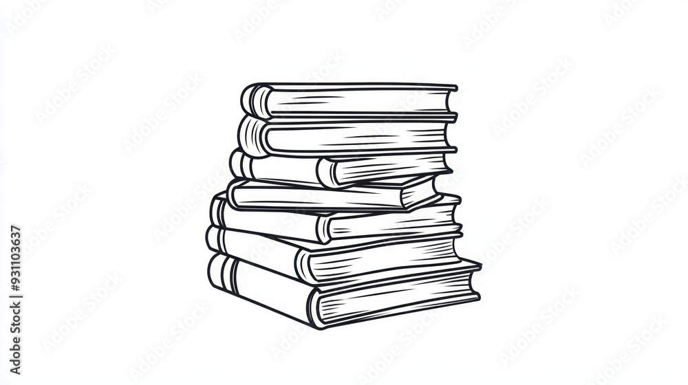 Line art of books stacked neatly on top of one another, rendered in a ...