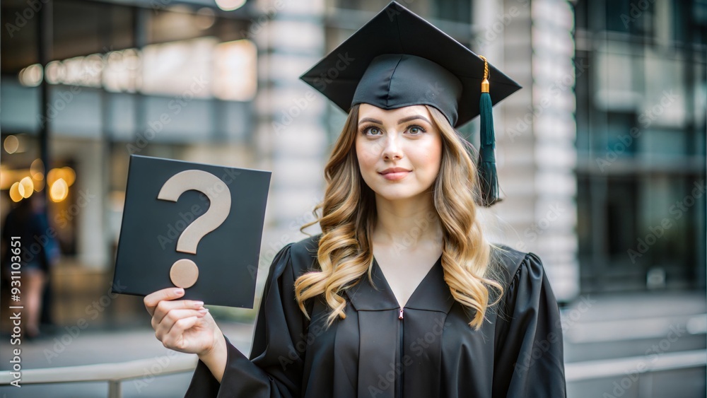 Female college graduate student in a black graduation gown holding a ...