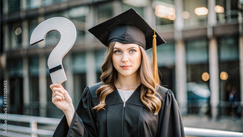 Female college graduate student in a black graduation gown holding a ...