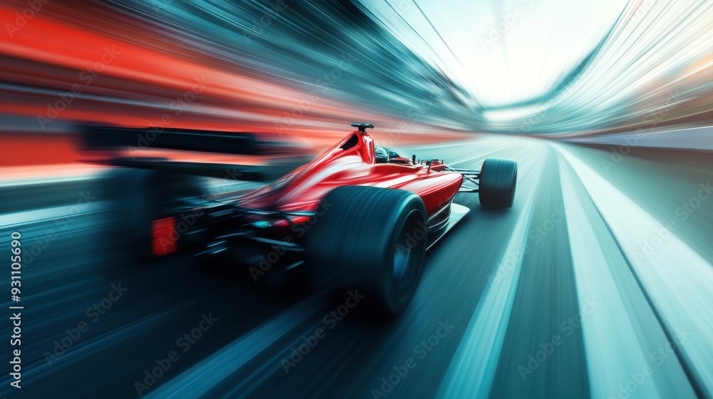 A race car zooms past the finishing line at high speed with motion blur ...