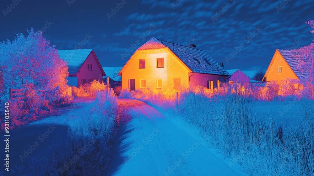 Thermal imaging of village houses with warm and cool zones highlighted ...