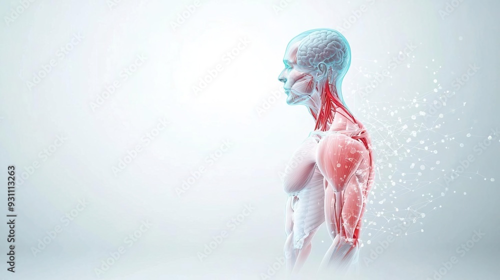 An educational 3D scene illustrating muscle pain triggers, such as poor ...
