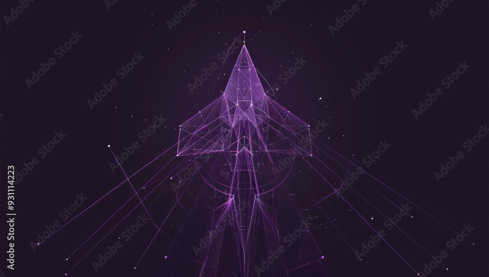 logo, futuristic purple wireframe of tower in the shape of an arrowhead ...