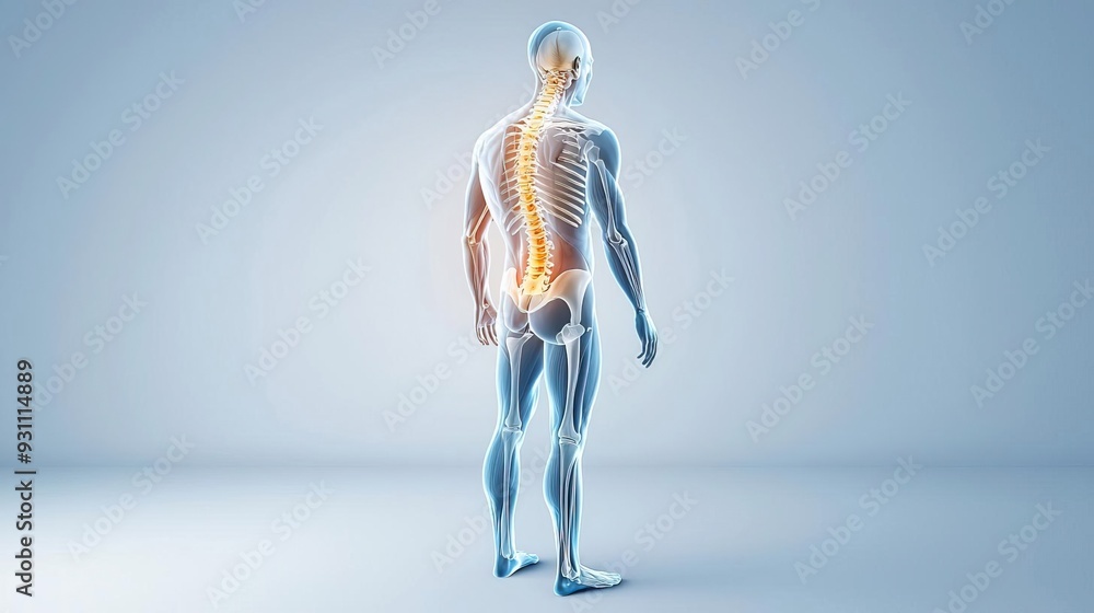 A detailed 3D anatomical illustration showing the human body with ...