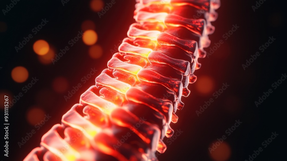 3D illustration of a male spine highlighted in red, symbolizing pain ...