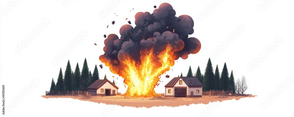 methane gas explosion in a remote farming area, illustrating flammable ...