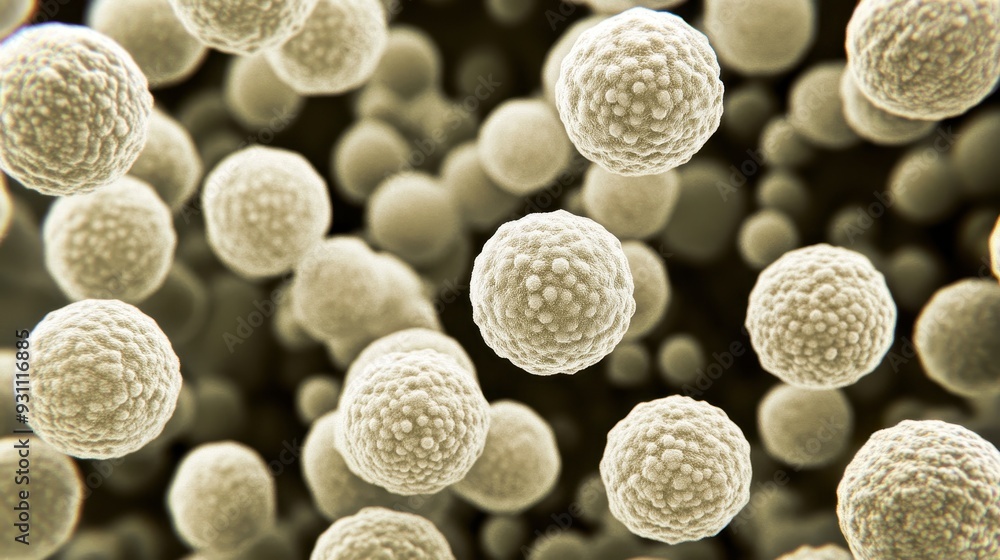 Staphylococcus aureus, Cluster of spherical bacteria magnified under a ...