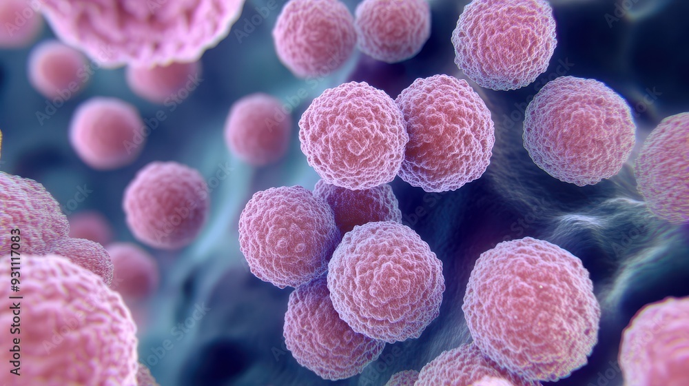 Staphylococcus aureus, Cluster of spherical bacteria magnified under a ...