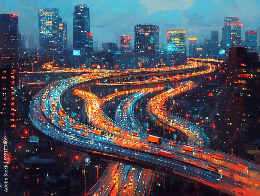 Artistic depiction of a modern cityscape with highways and subway lines ...