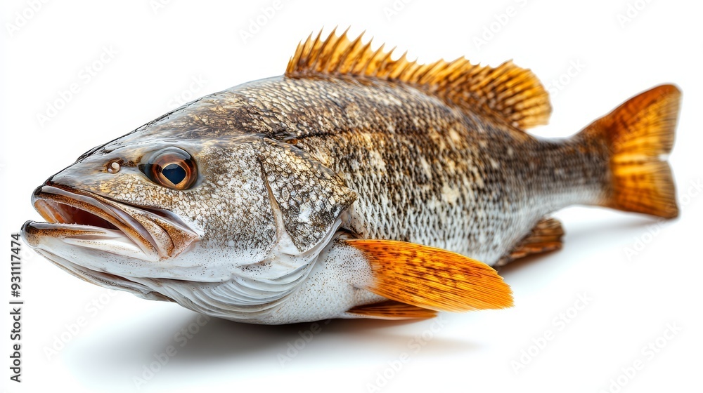Foto de Side view of a bold barramundi cod isolated on a w 150 fish ...