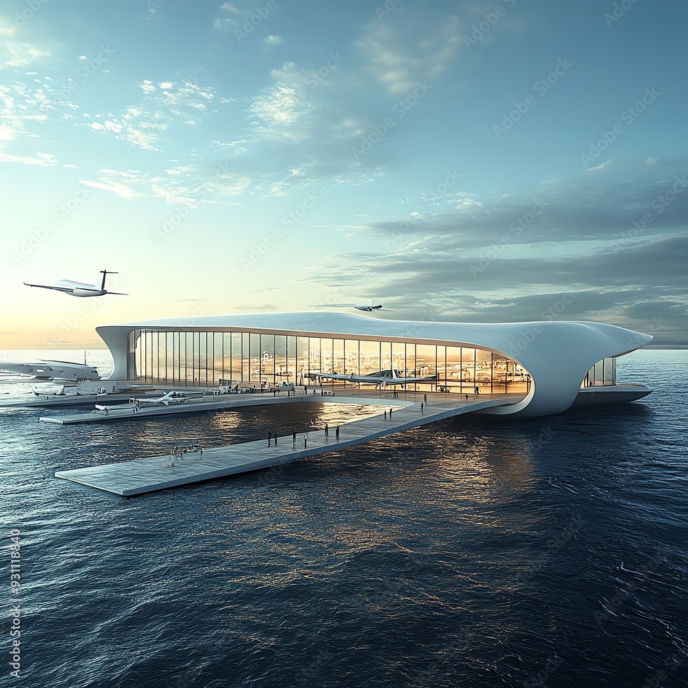 Artistic rendering of an adaptable airport terminal built on the ocean ...