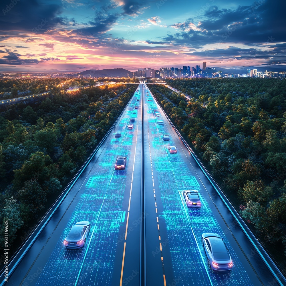 Conceptual blueprint of a smart highway where cars communicate with ...