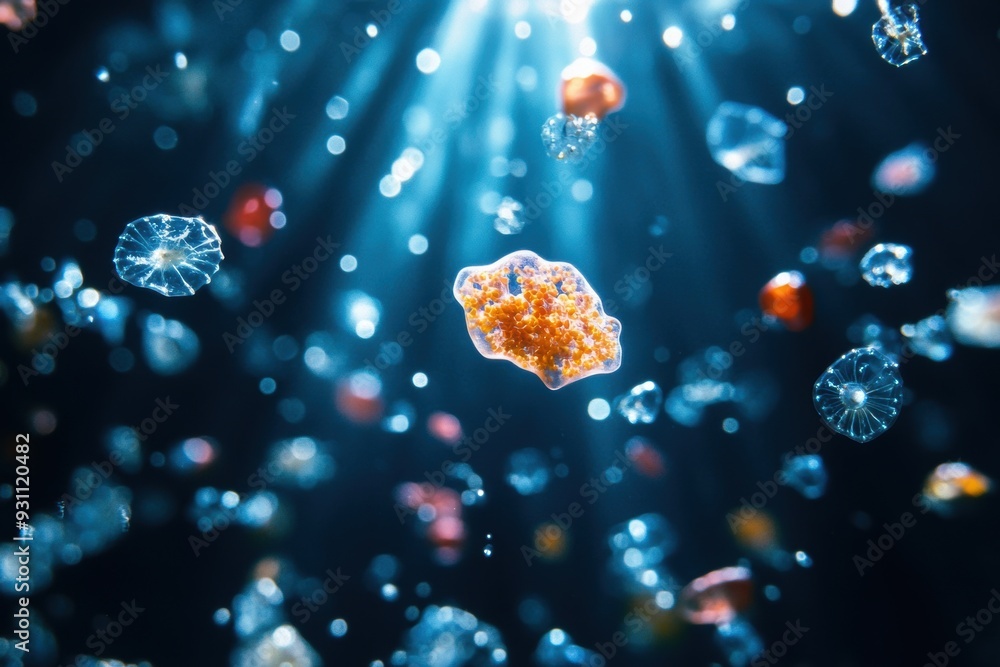 microscopic plankton and zooplankton floating in nutrient-rich ocean ...