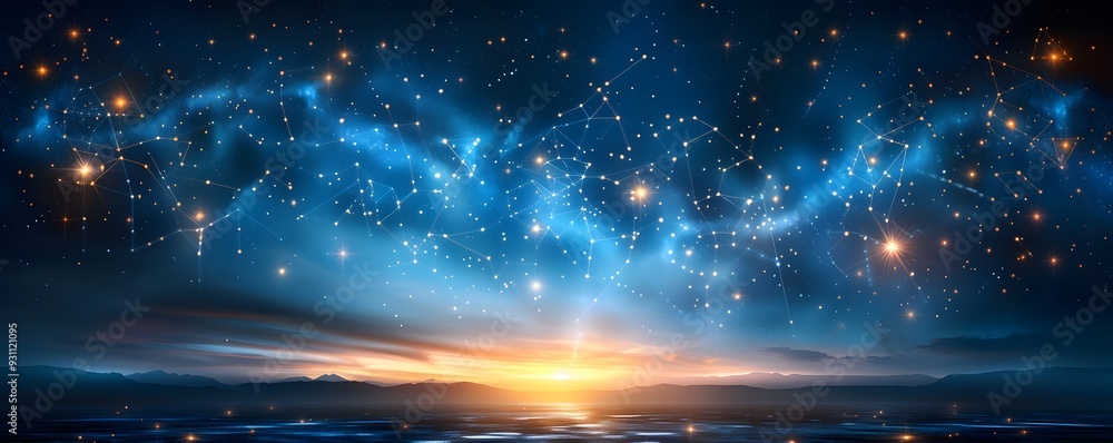 Constellation map with magical symbols connecting stars. minimalist ...